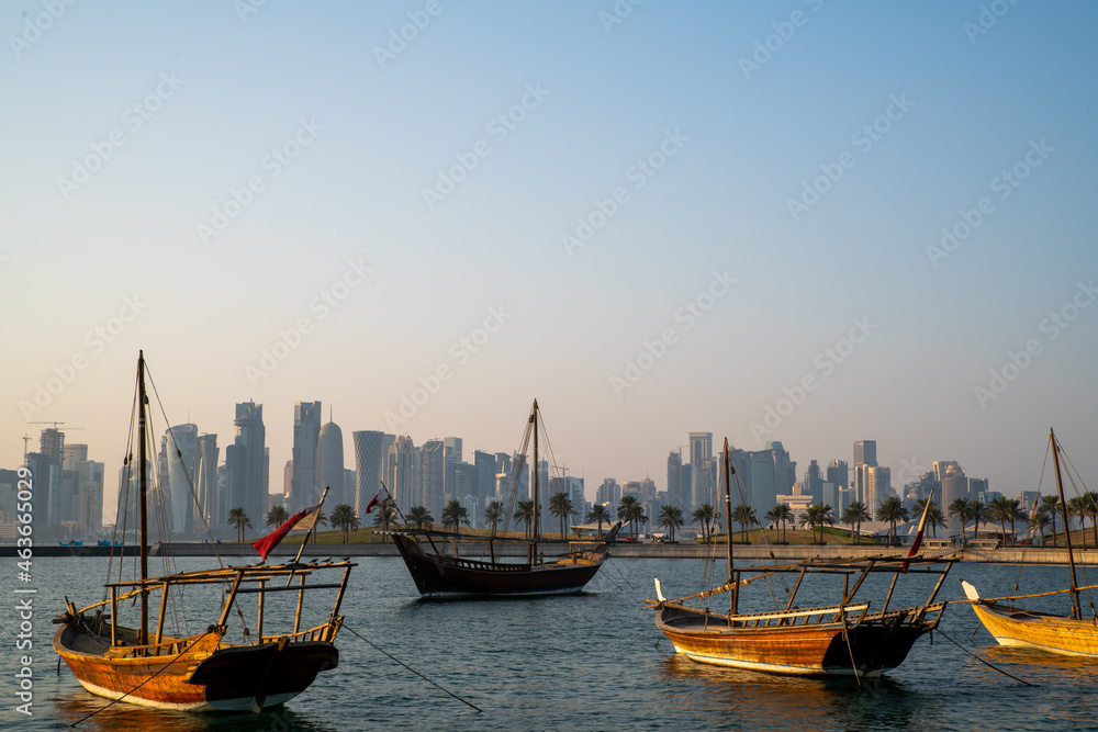 Doha, Qatar Traditional boats called dhows dock at the port Stock Photo ...