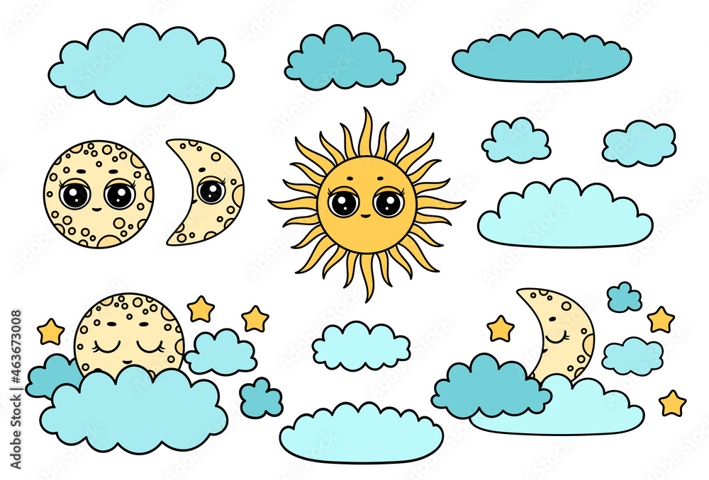 Kawaii sun and moon icons. Full moon, sun, stars, clouds, young mooon ...