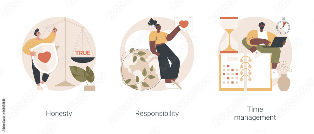 Managing position abstract concept vector illustration set. Honesty and ...
