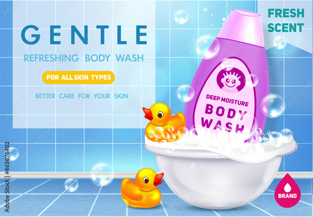 Body wash ad design. Realistic template with shampoo, bubbles, bathtub ...