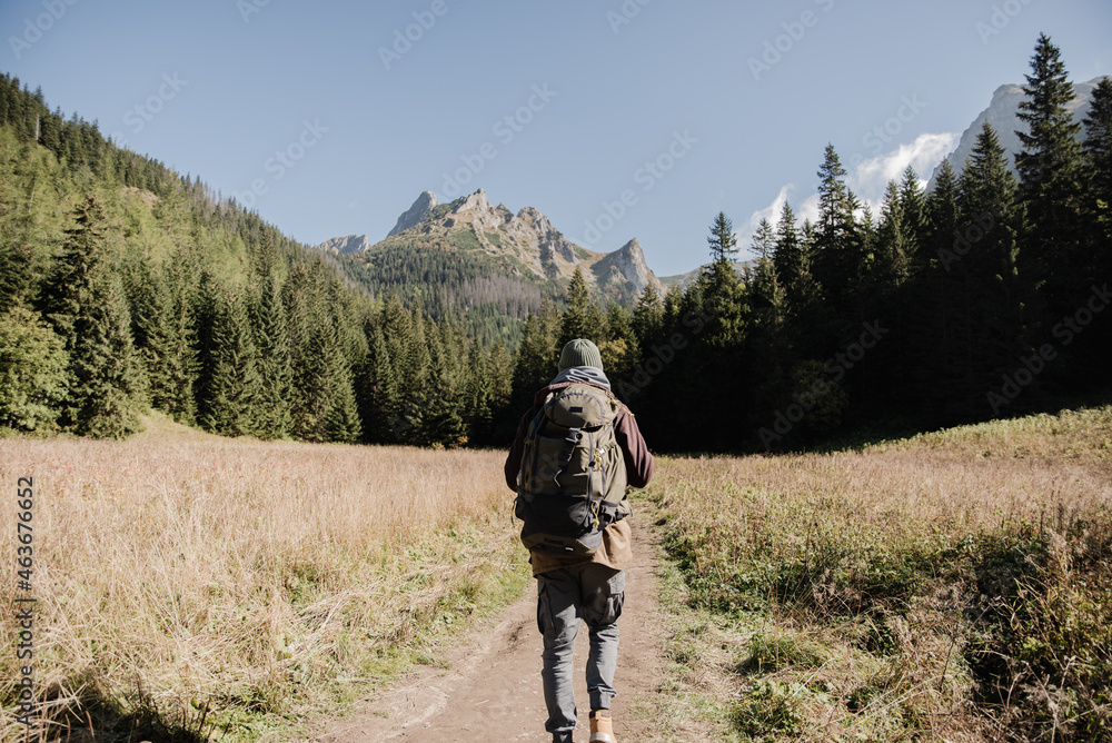 Back view of male hiker backpacker in highlands mountains. Man with ...