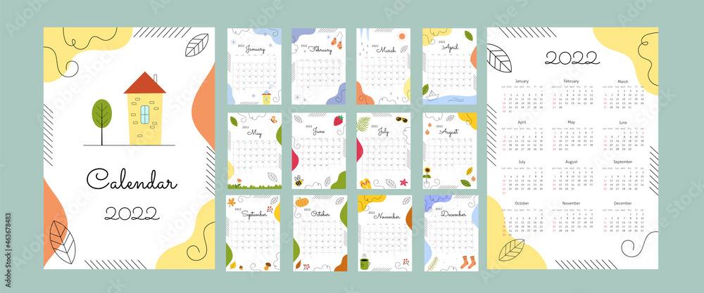Calendar 2022 with abstract elements and lines. Square grid. Week start ...