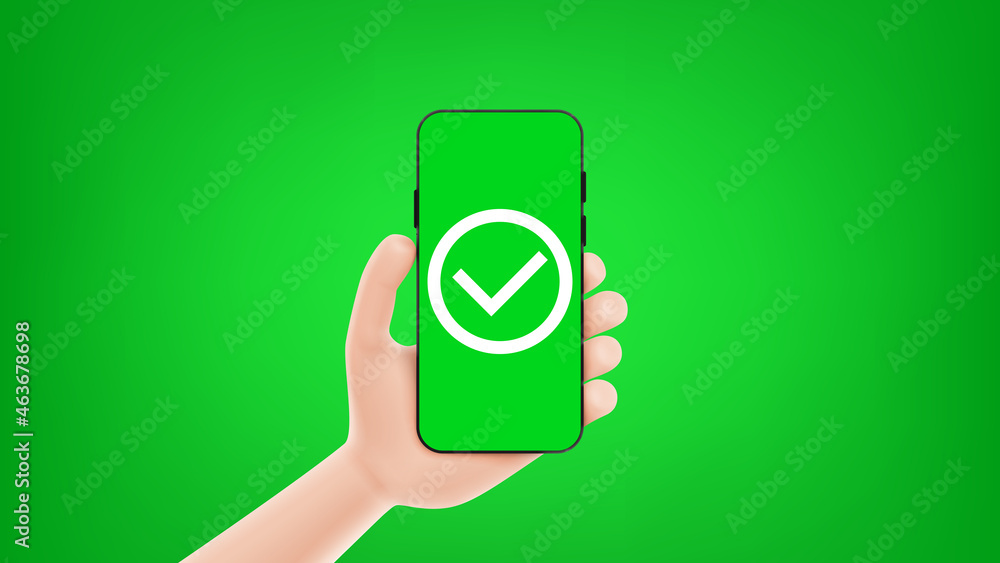 Cartoon hand holds smartphone with check mark. Template of smartphone ...