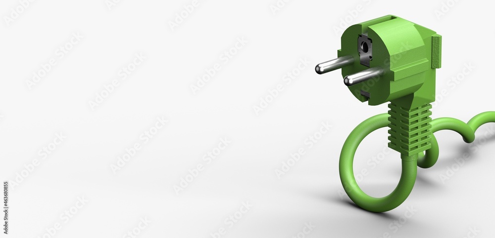Green electric power plug isolated on white background. 3d illustration ...