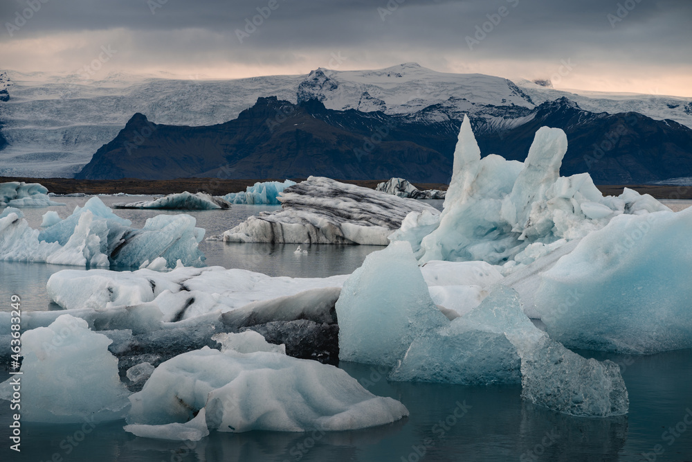 Icebergs floating. Ices and icebergs. Glacier lagoon. Greenland iceberg ...