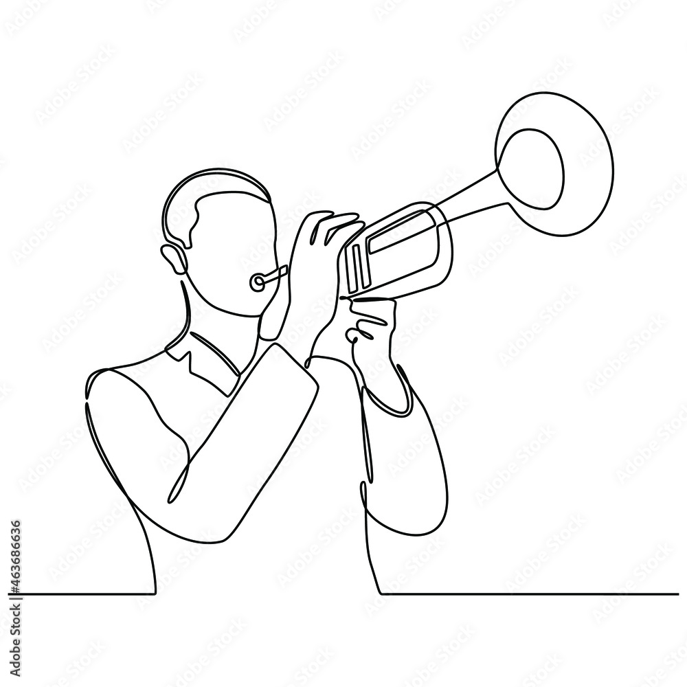 Continuous line drawing of a young man playing a trumpet isolated on a ...