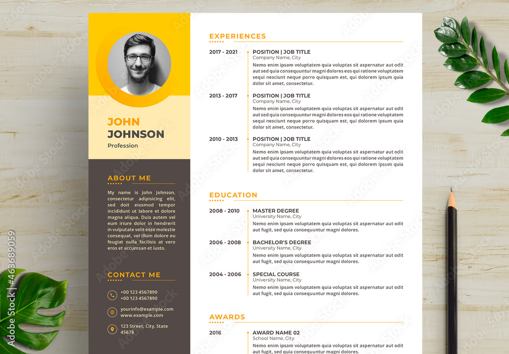 Resume Layout with Yellow Accents Stock Template | Adobe Stock