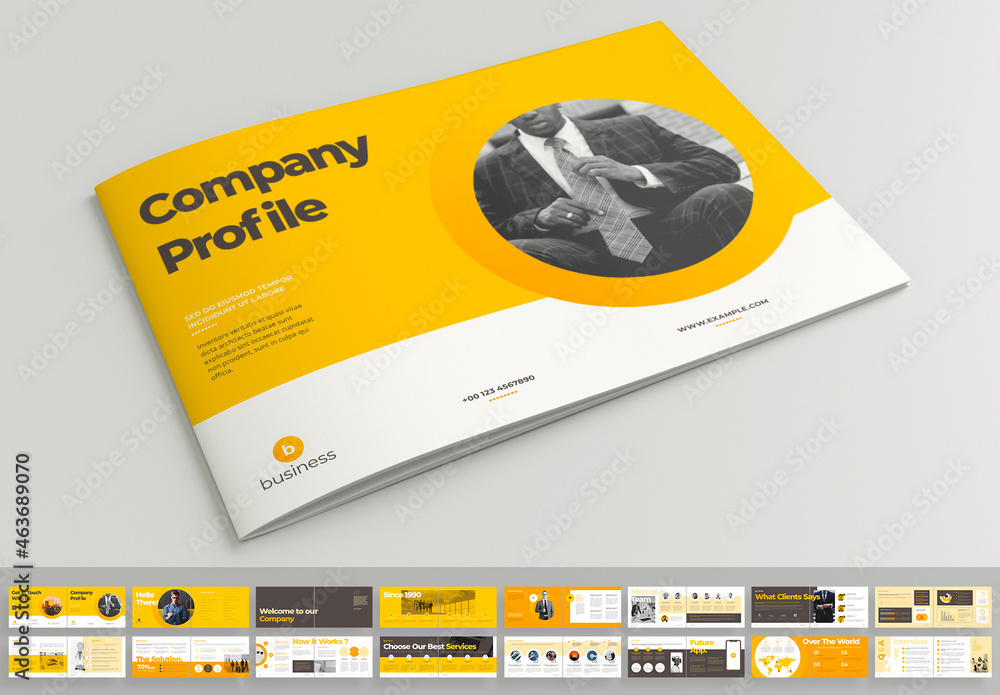 Company Profile Landscape Layout with Yellow Accents Stock Template ...