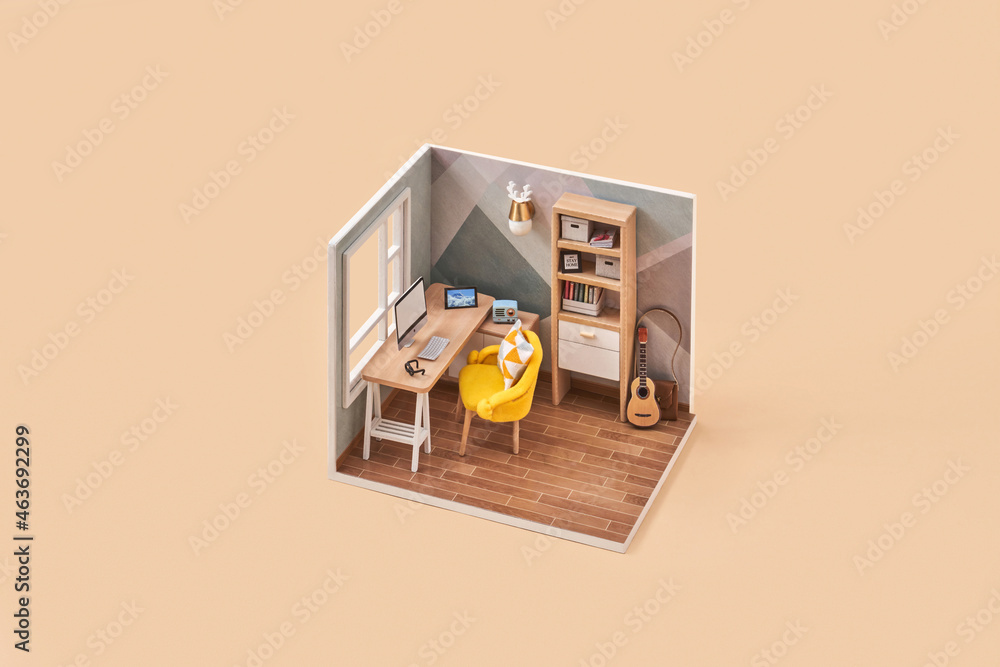 Papercraft room with shelf and table Stock Photo | Adobe Stock