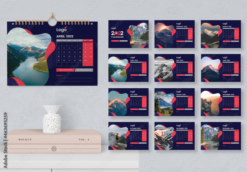 2022 Red Desk Calendar Layout Layout Stock Template | Adobe Stock