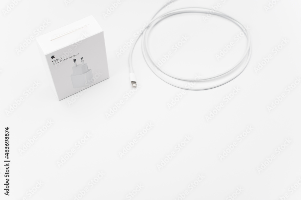 COMO, ITALY - Oct 16, 2021: Apple brand 20W USB-C power adapter box and ...