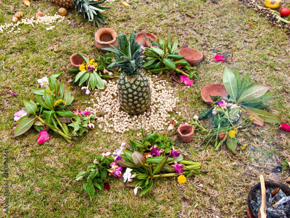 Details of Chacana (Chakana, Andean cross) or Ceremony in homage to ...