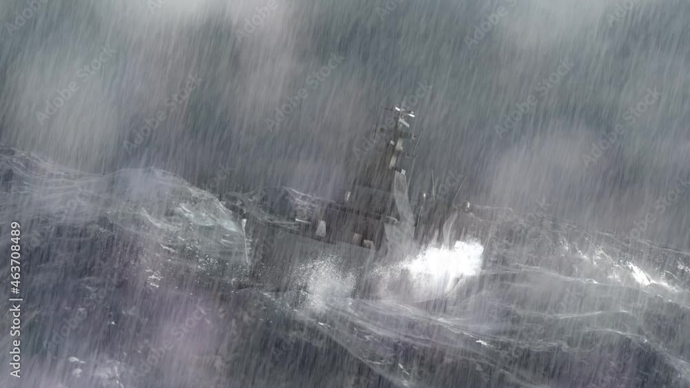 Navy ship vessel in stormy ocean with rain and lightning Aerial view of ...
