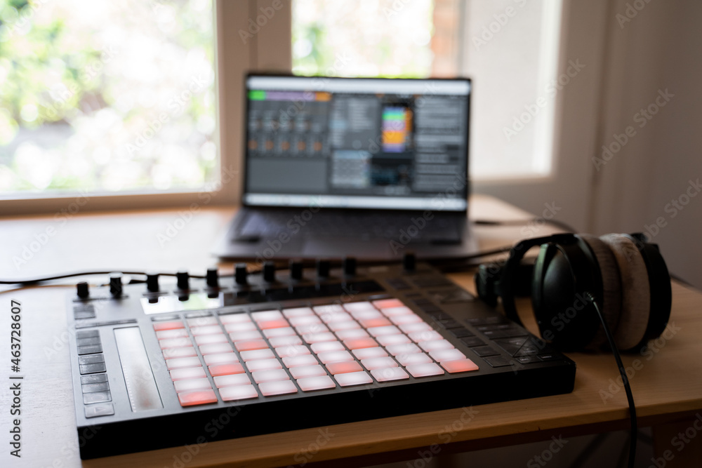 Music Studio desk with midi controller, headphones Stock Photo | Adobe ...