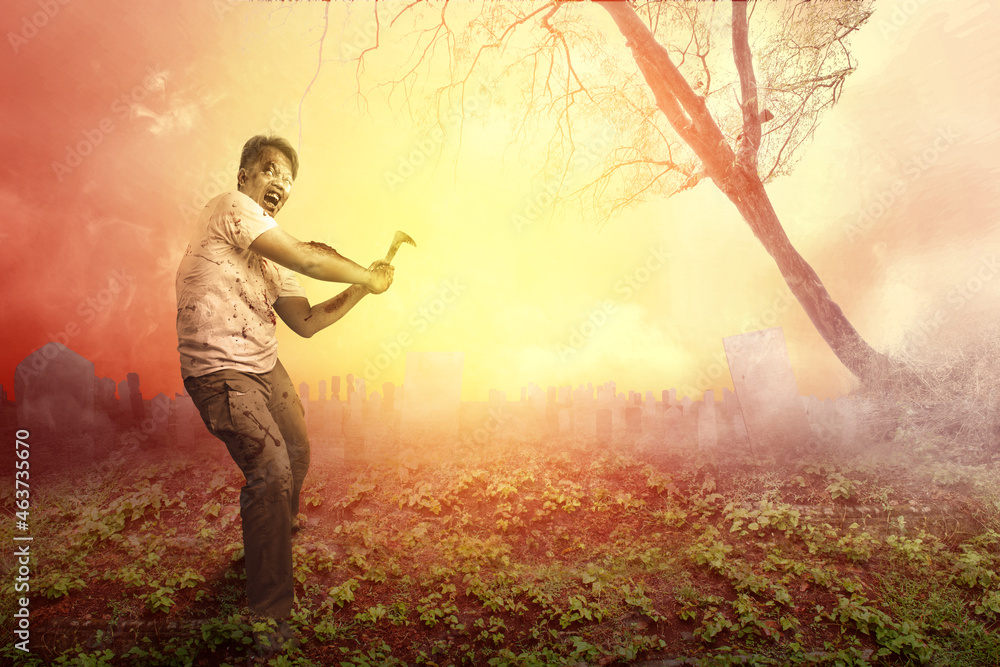 Scary zombie with blood and wound on his body holding sickle standing ...