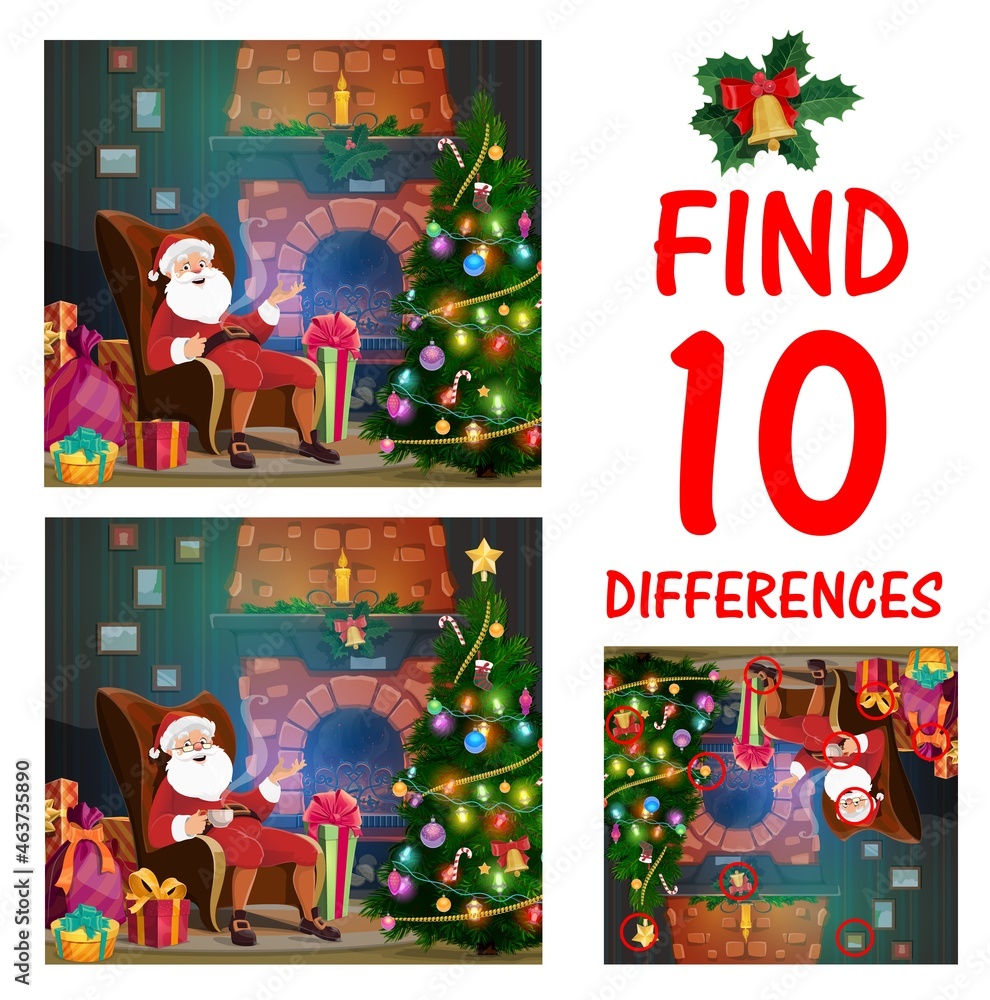 Child Christmas maze with find differences task. Children game, playing ...