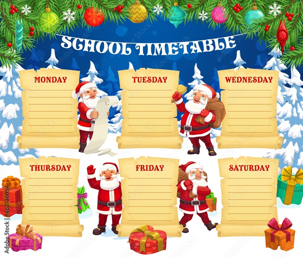 Child winter holiday timetable template with Santa character. Kids ...