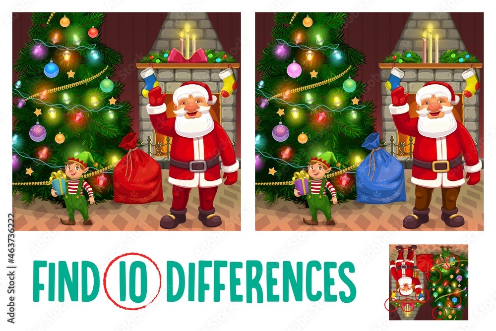 Kids Christmas game, find ten differences riddle with Santa Claus and ...