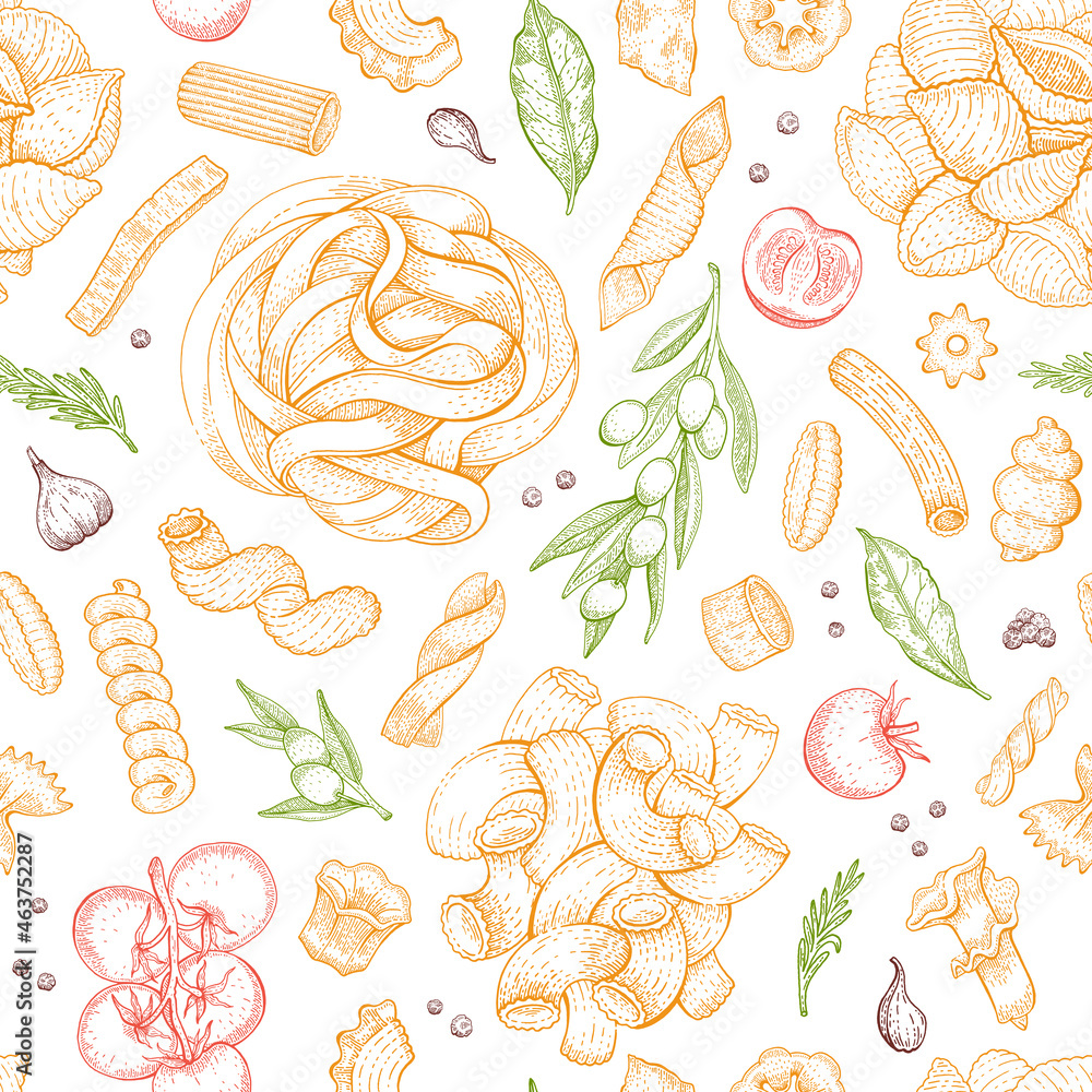 Pasta Pattern. Italian vector food seamless background. Macaroni sketch ...