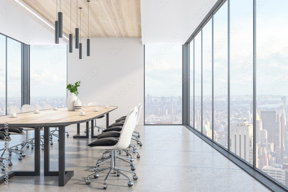 Contemporary wooden and concrete meeting room interior with panoramic ...
