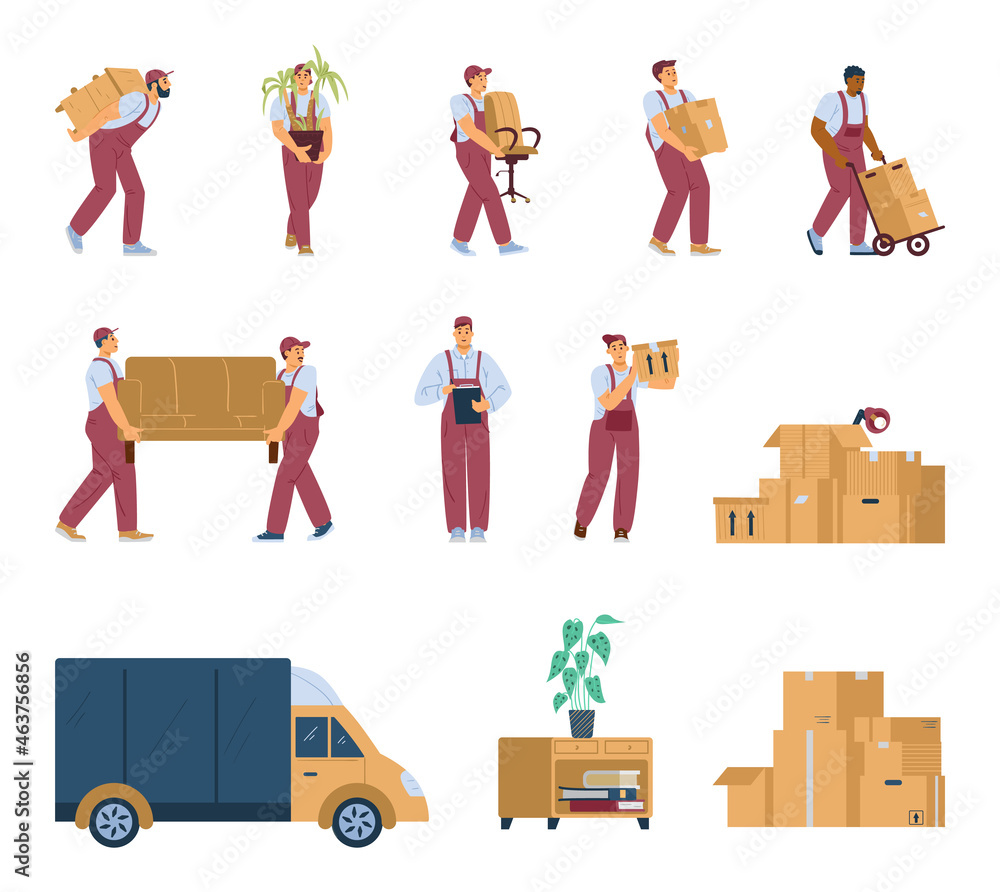 Poster Set of loaders with cargo truck and boxes, flat vector ...
