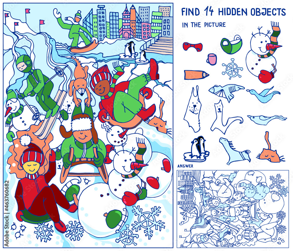 Find hidden objects. People and snowman having fun and winter ...