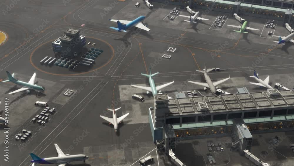 Aerial View of a 3D Commercial Airport Render with Parked Planes ...