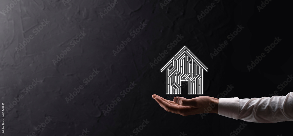 Hand hold house icon.Smart home controlled, intelligent house, and home ...