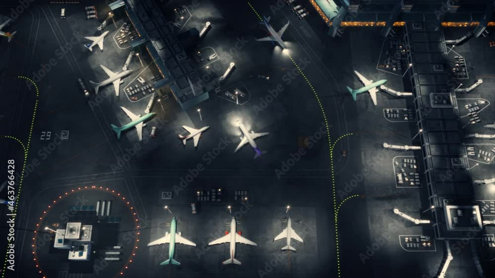 Aerial View of a 3D Commercial Airport Render with Airplanes, Passenger ...