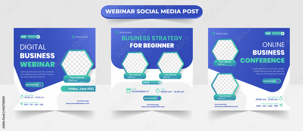 Set of social media post layout for online live webinar video ...