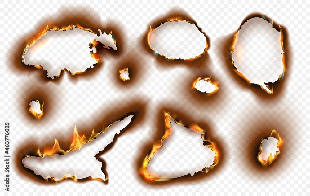 Paper holes with realistic burnt effect and fire flame. Burning torn ...