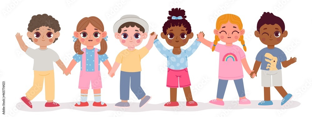 Cartoon kindergarten multicultural kid friends hold hands. Happy ...