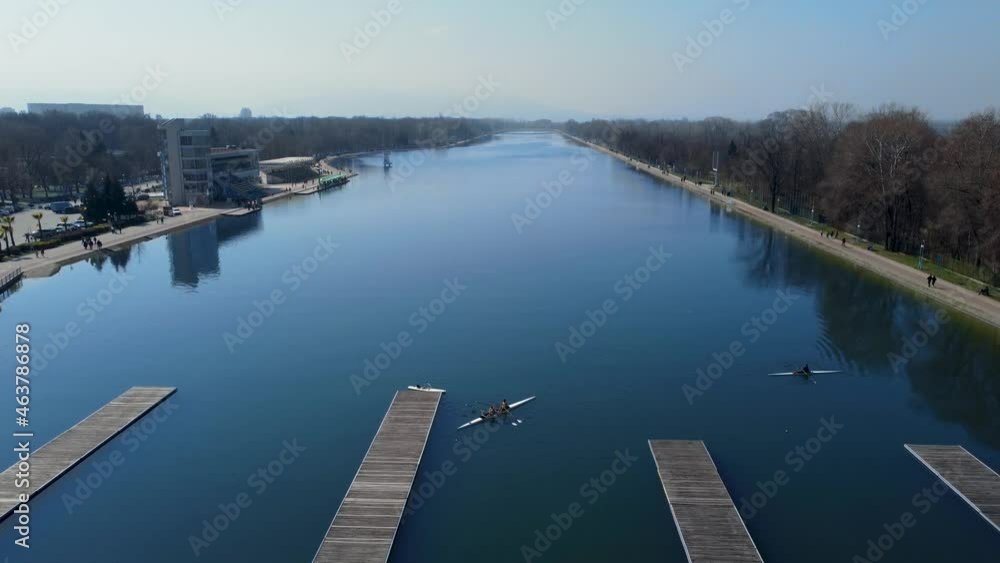 Drone view of rowers on scull, rowing canal in Plovdiv, Bulgaria Stock ...