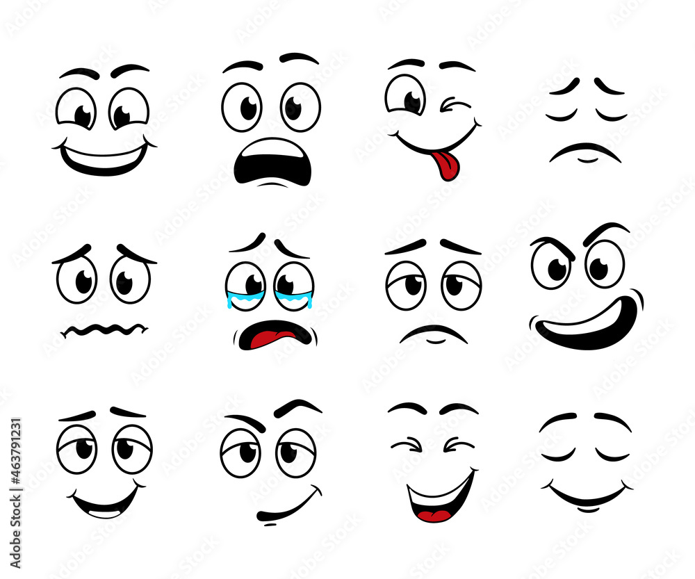 Cartoon face. Expression of eye and mouth. Smile and sad character. Set ...