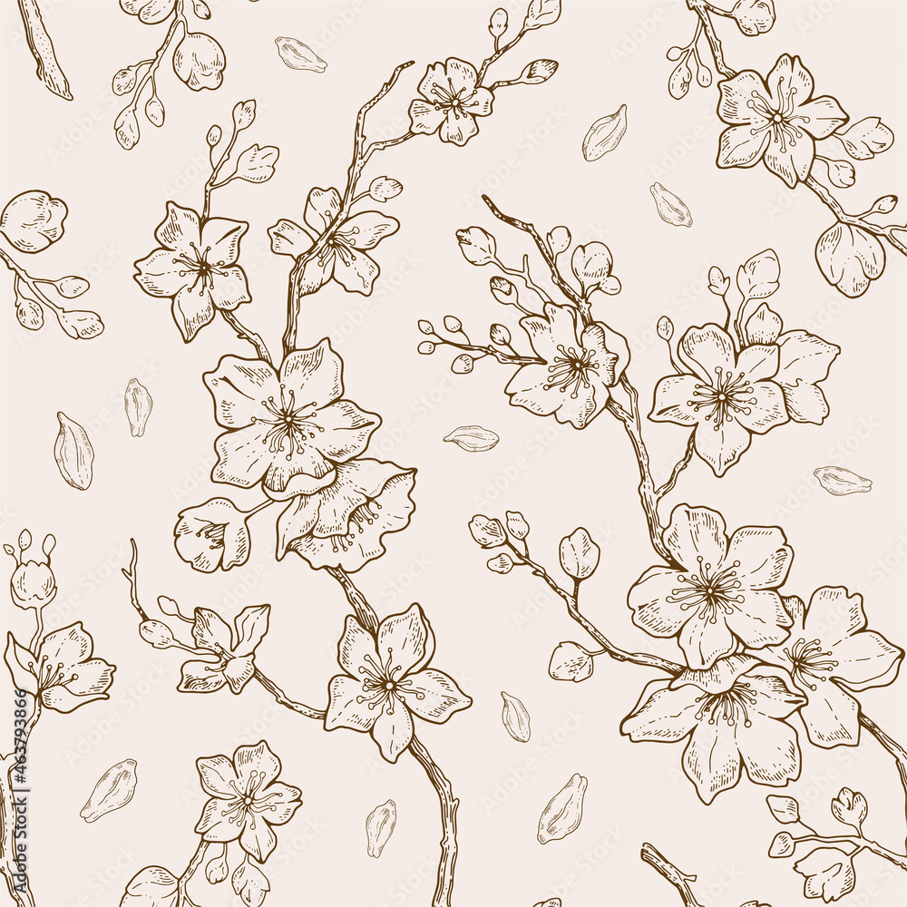 Sakura blossom pattern. Cherry flower seamless vector background ...
