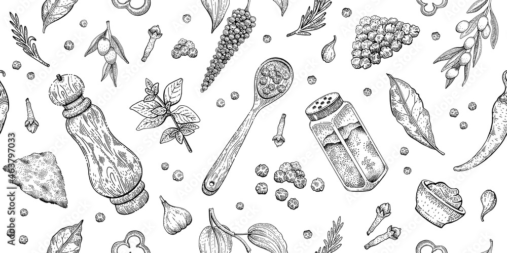 Pepper salt pattern. Vector food illustration. Sketch spice seamless ...