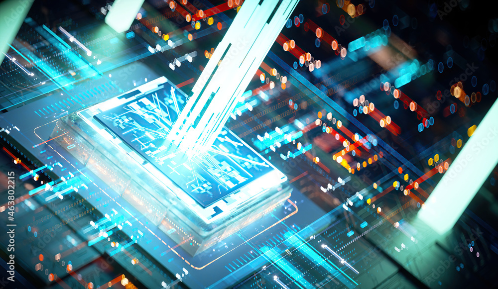 3D rendering of cyberpunk AI. Circuit board. Technology background ...