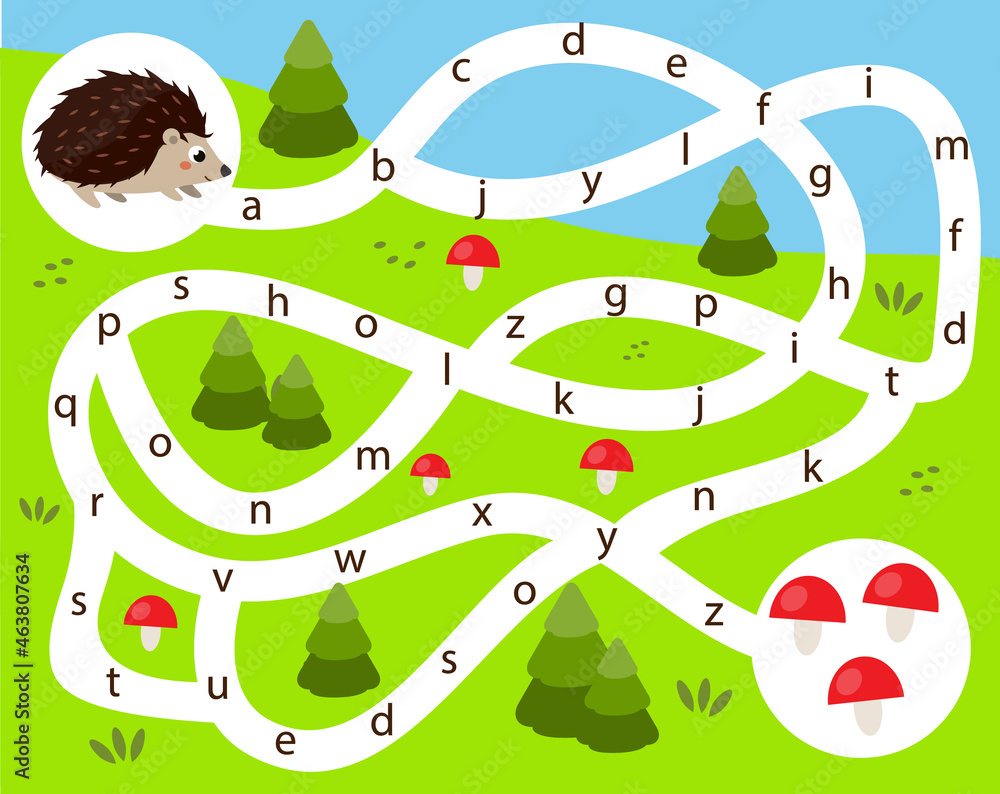 Alphabet Maze puzzle. Help hedgehog find way to mushrooms. Animals ...