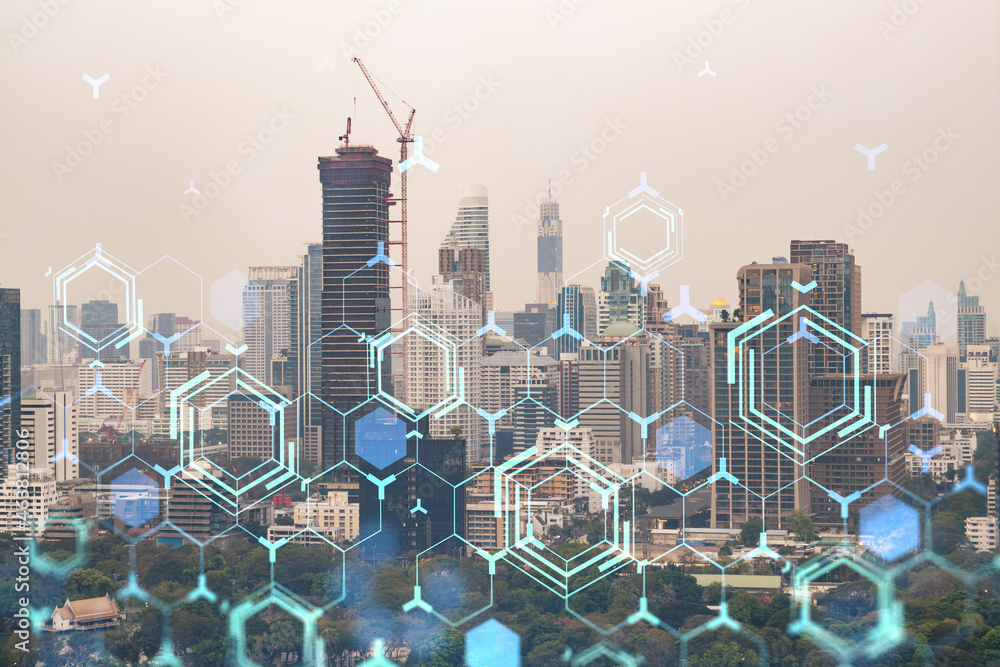 Technology hologram over panorama city view of Bangkok. The largest ...