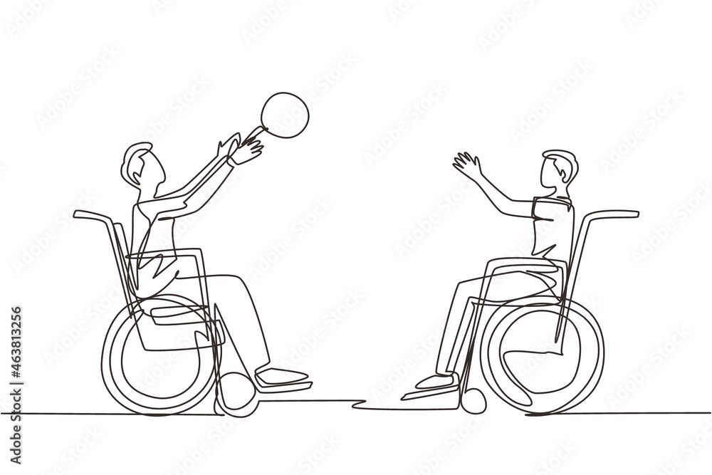 Single continuous line drawing joyful disabled young man in wheelchair ...