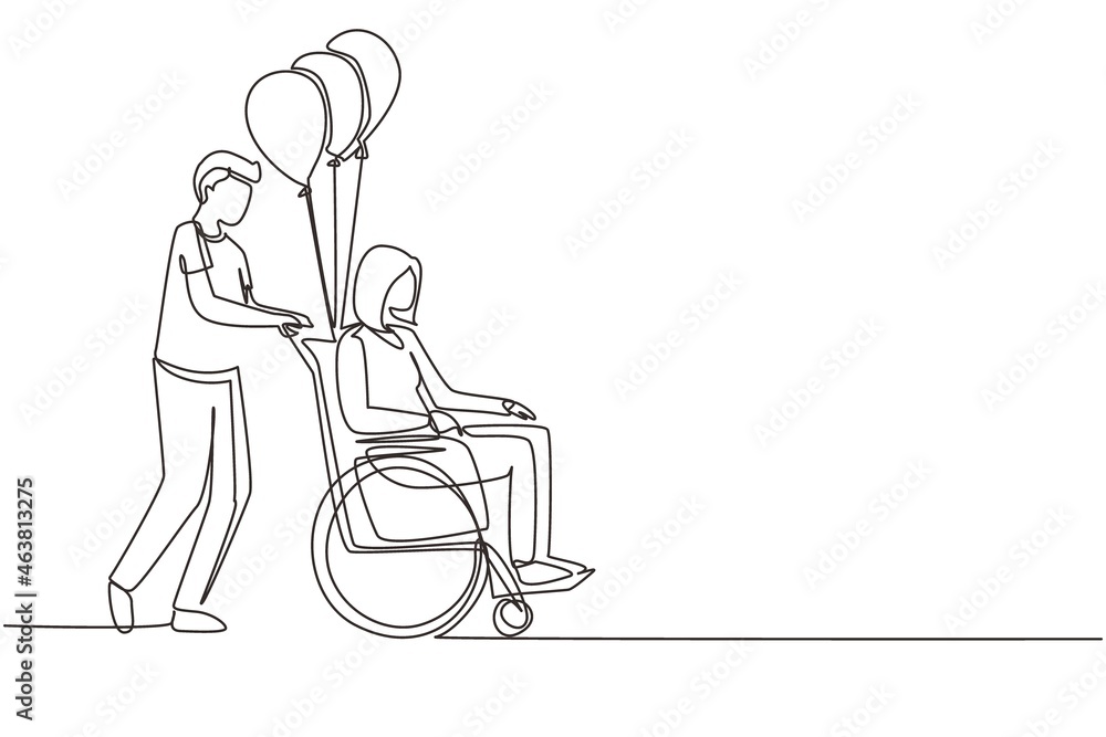 Single one line drawing disability people scene concept. Man carries ...