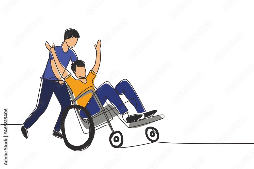 Single continuous line drawing young male volunteer helps disabled ...