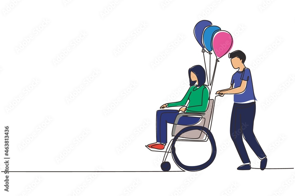 Single one line drawing disability people scene concept. Man carries ...