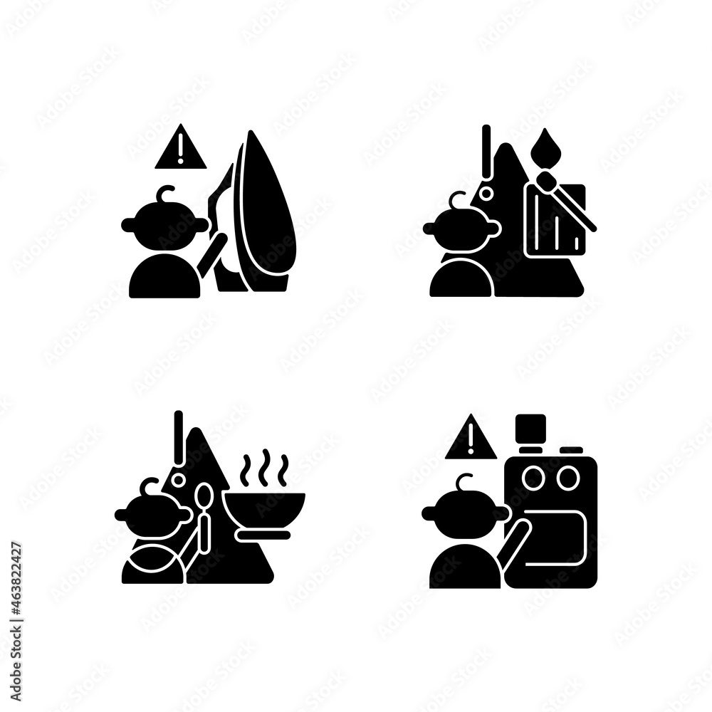 Skin burns danger black glyph icons set on white space. Child safety at ...