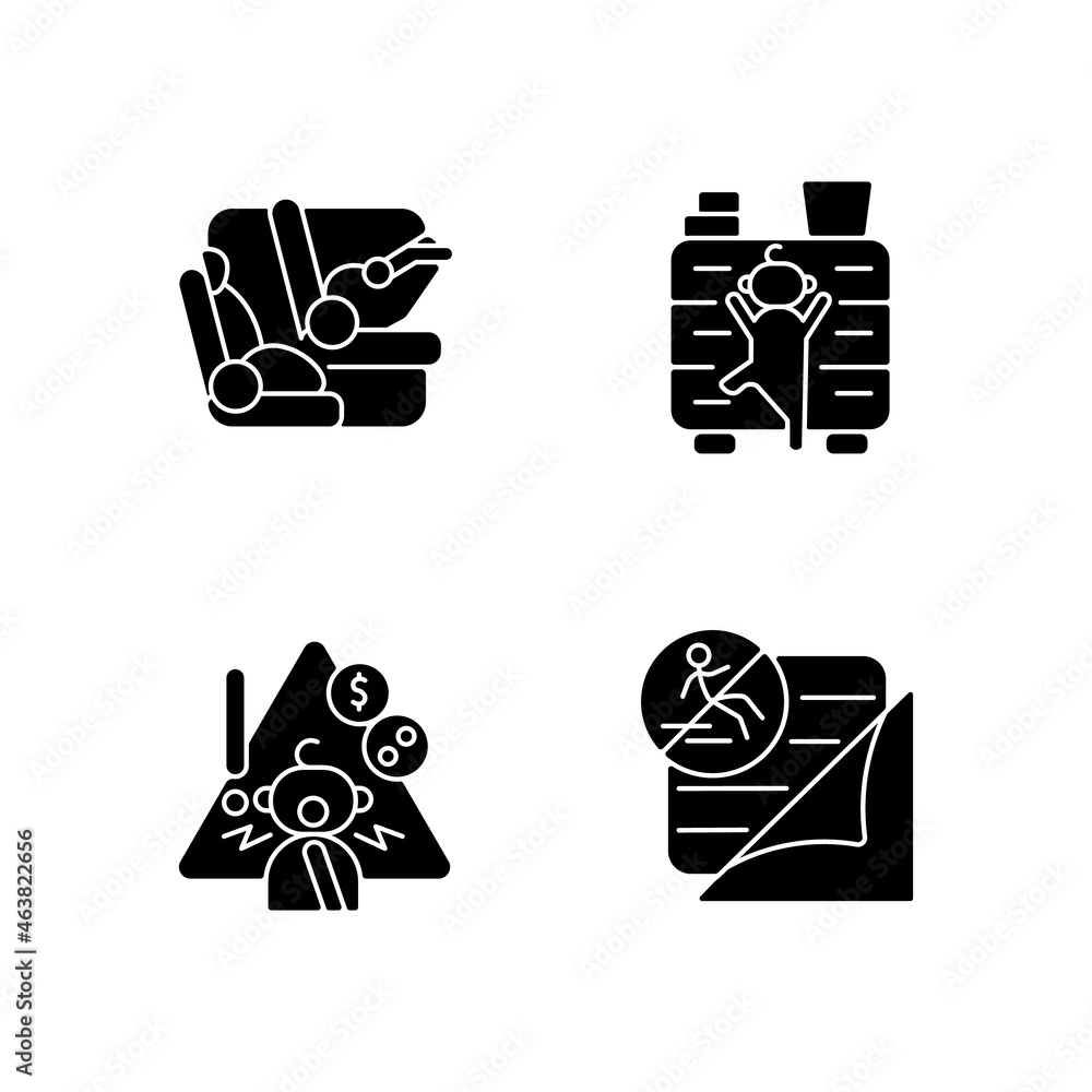 Accidents prevention black glyph icons set on white space. Falling and ...