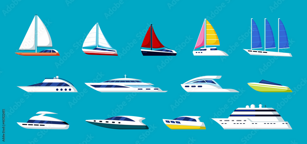 Speed yachts and sailboats set. Modern ships with luxurious bright ...
