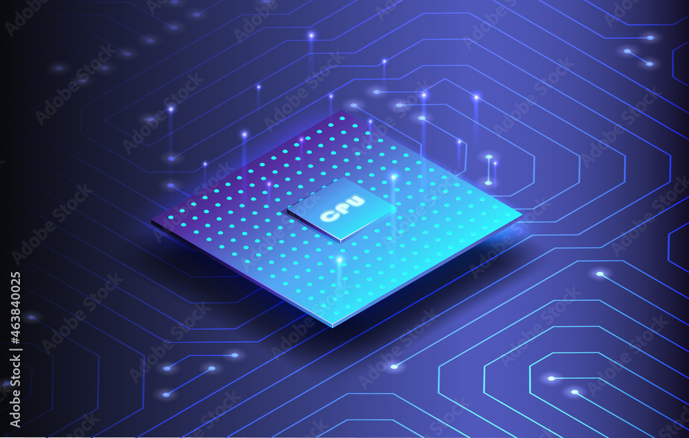 Futuristic projection of the microchip of the future. 3D closeup of cpu ...