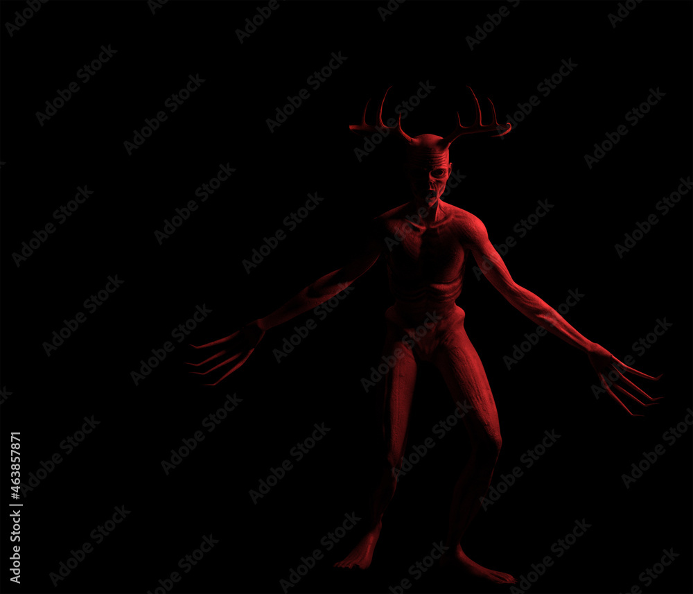 Long clawed monster creature with antlers in red light Stock ...
