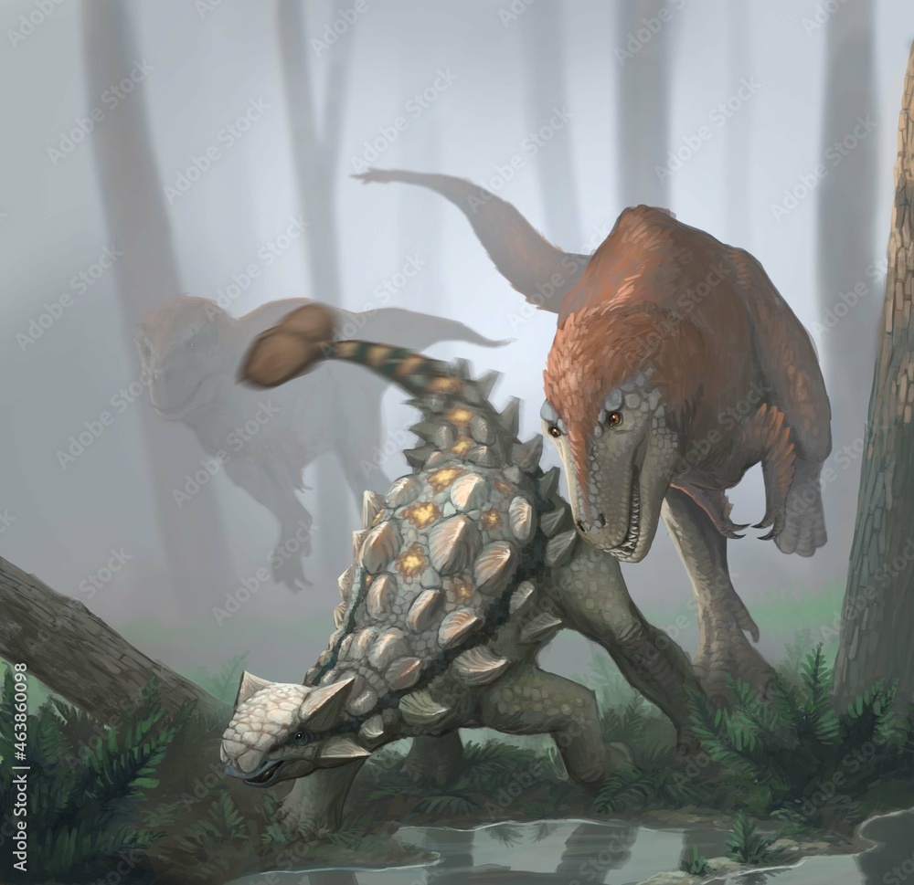 Ankylosaurus fighting two young Tyranosaurs 素材庫插圖 | Adobe Stock