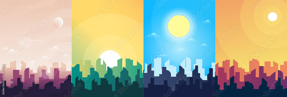 Morning, day city skyline landscape, town buildings in a different time ...